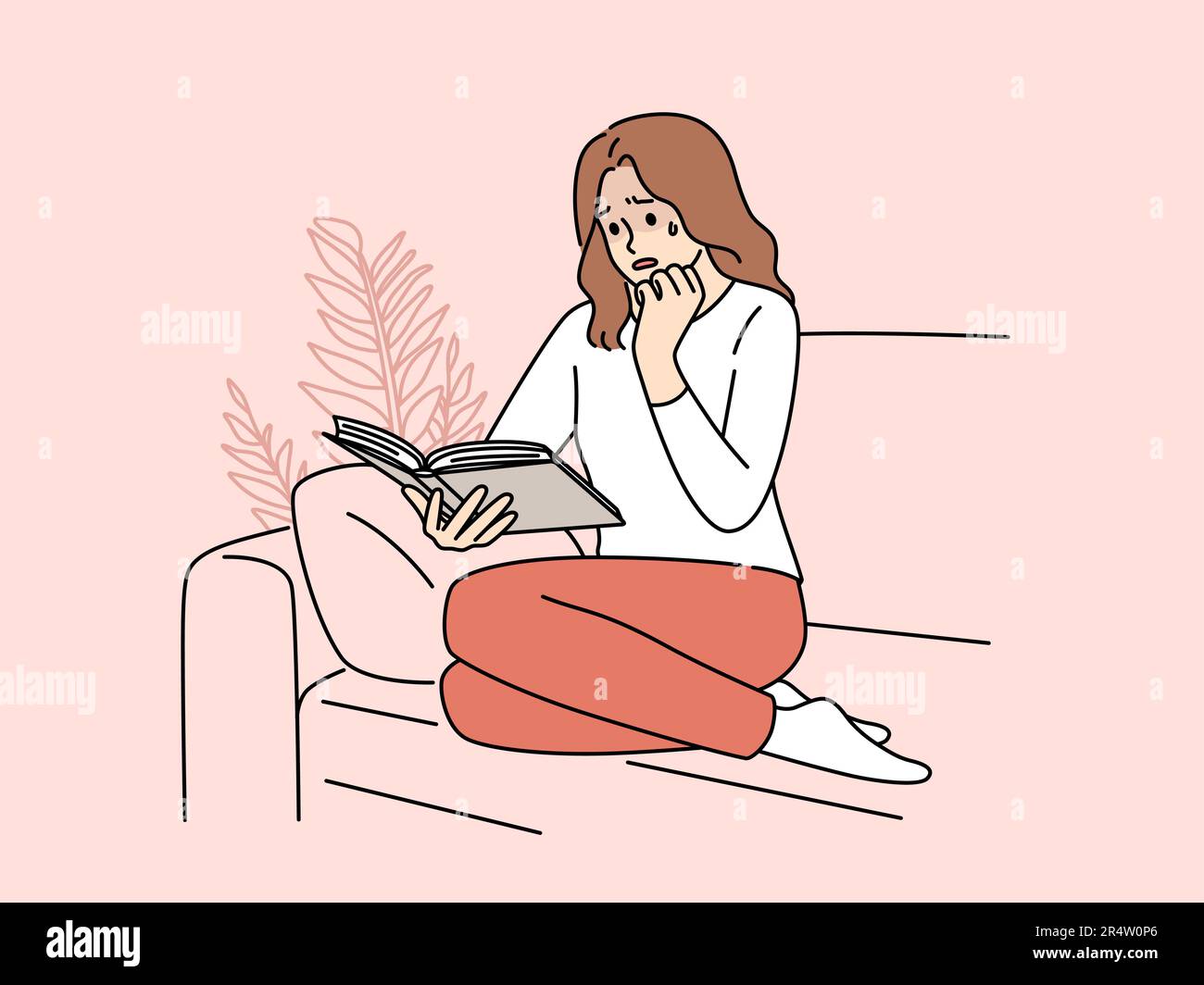 Woman sit on couch rad book crying. Unhappy girl feel emotion reading ...