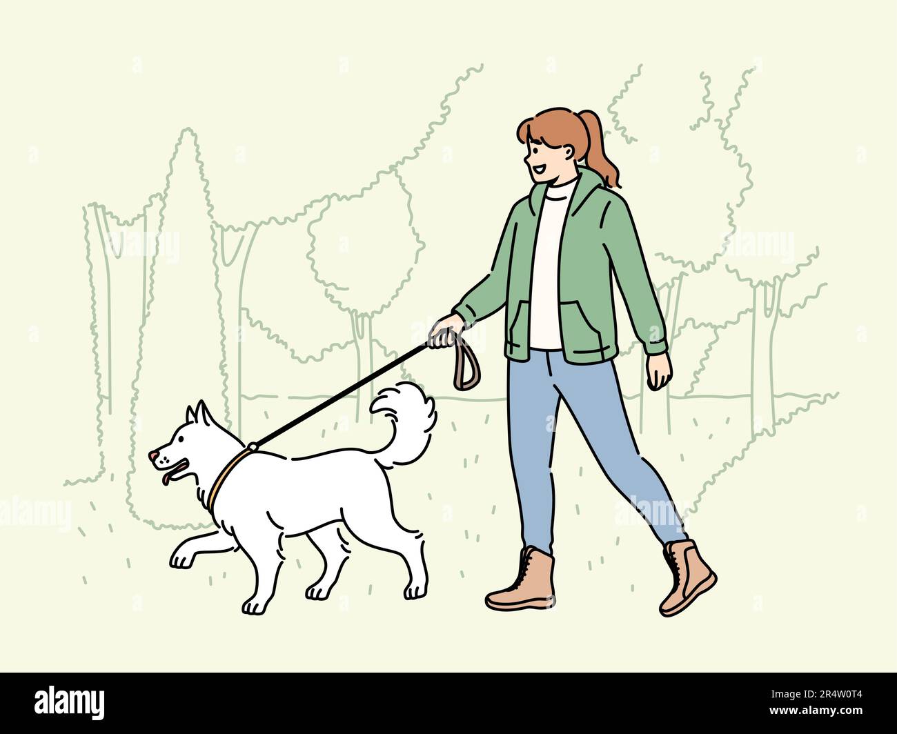 Smiling woman walking with dog on leash in park. Happy girl enjoy walk ...