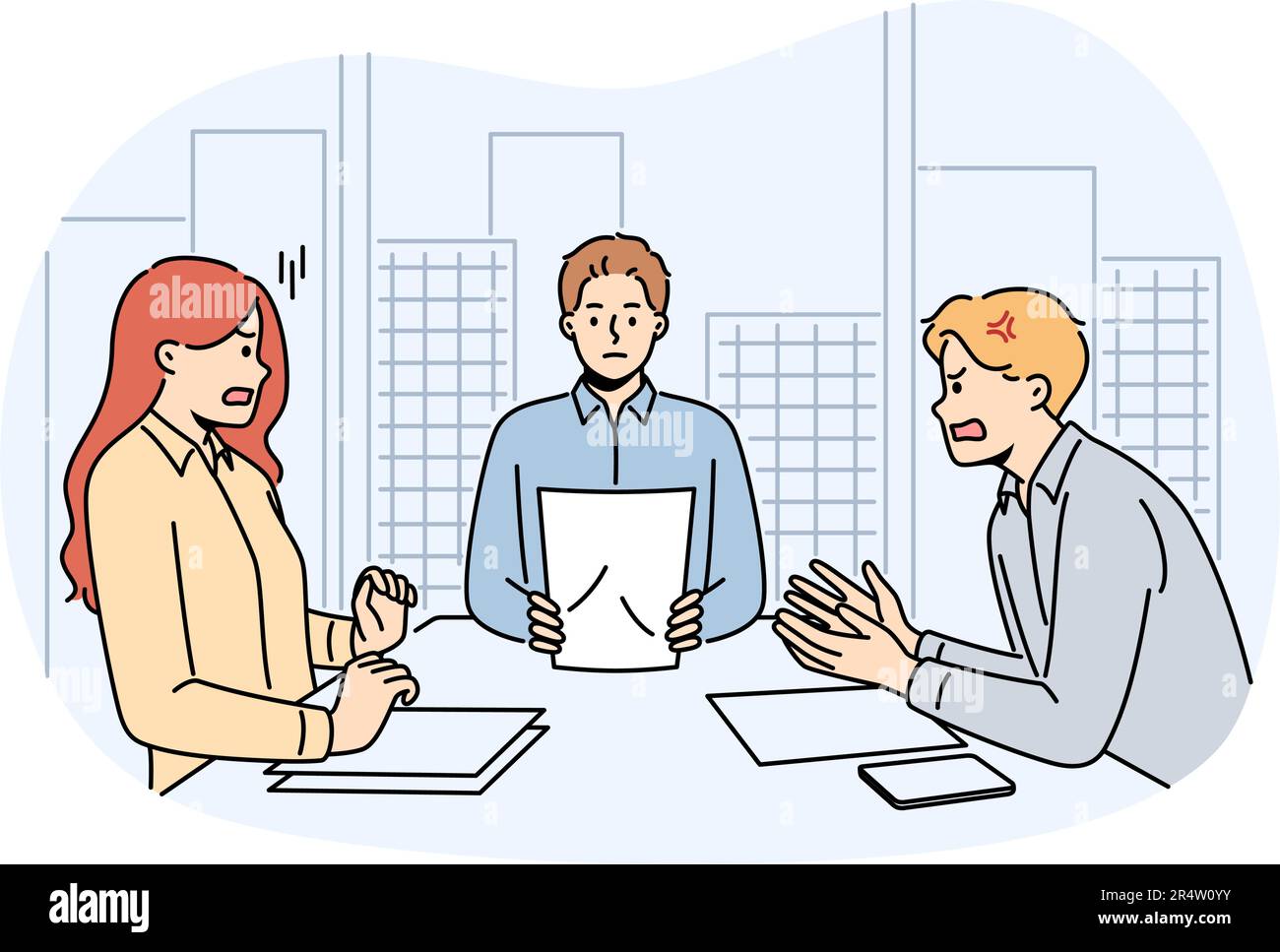 Angry couple sit at table in lawyer office arguing and shouting. Man ...