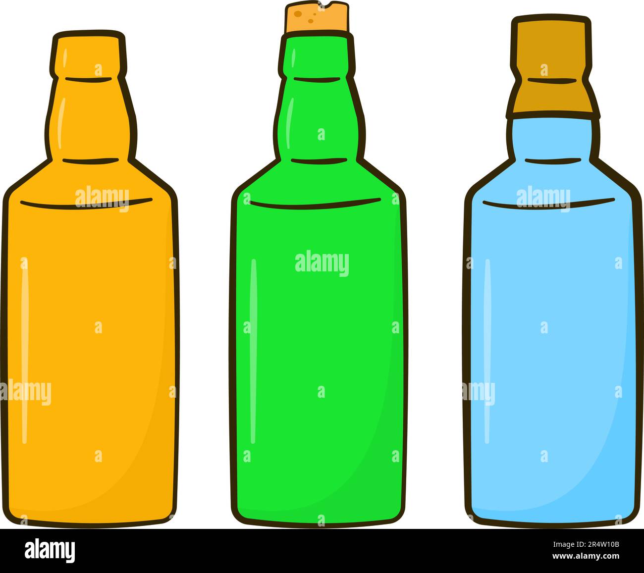 Set of bottles in different colors. Cartoon. Vector illustration ...