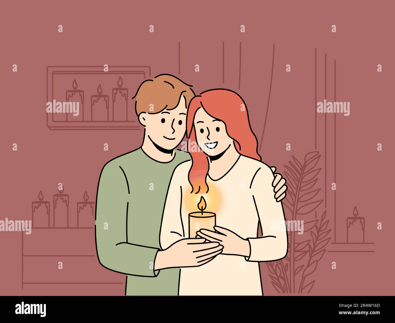 Smiling couple hug holding burning candle in hands enjoy romantic ...