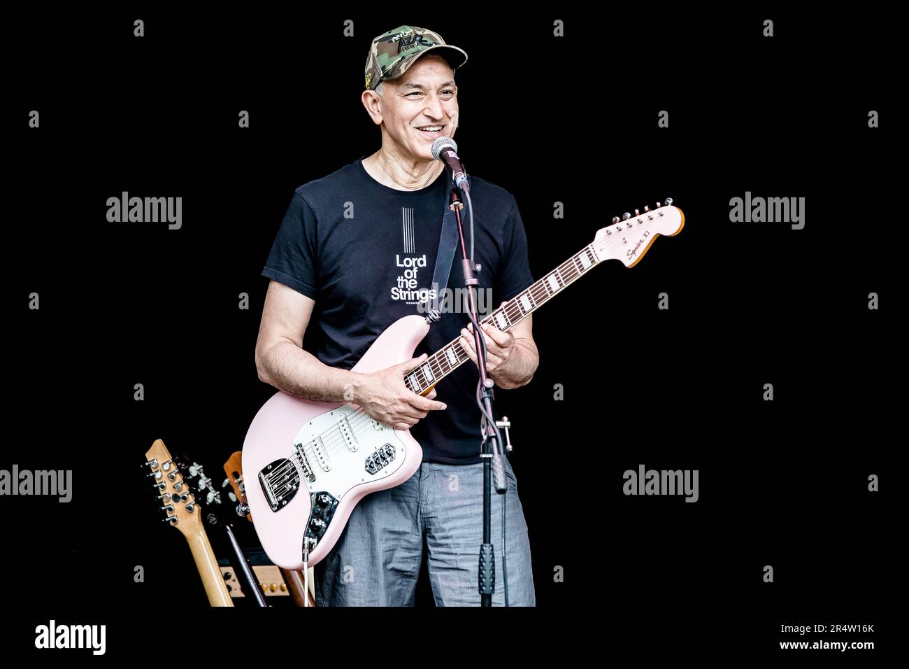 Aziz Ibrahim on stage during the Mach 23 bikers festival in Machnylleth ...