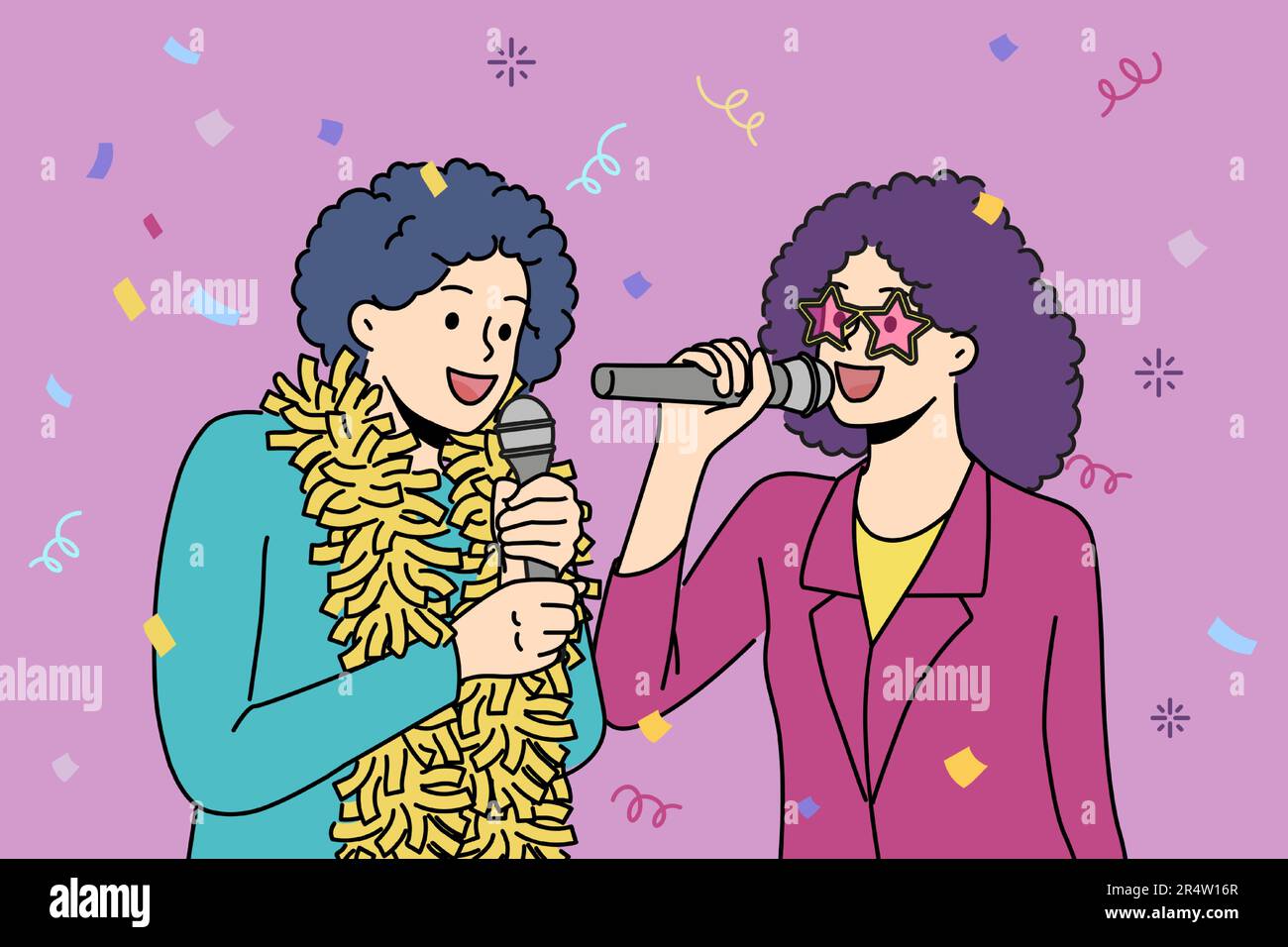 Smiling people in retro costumes sing in microphones enjoy party or ...