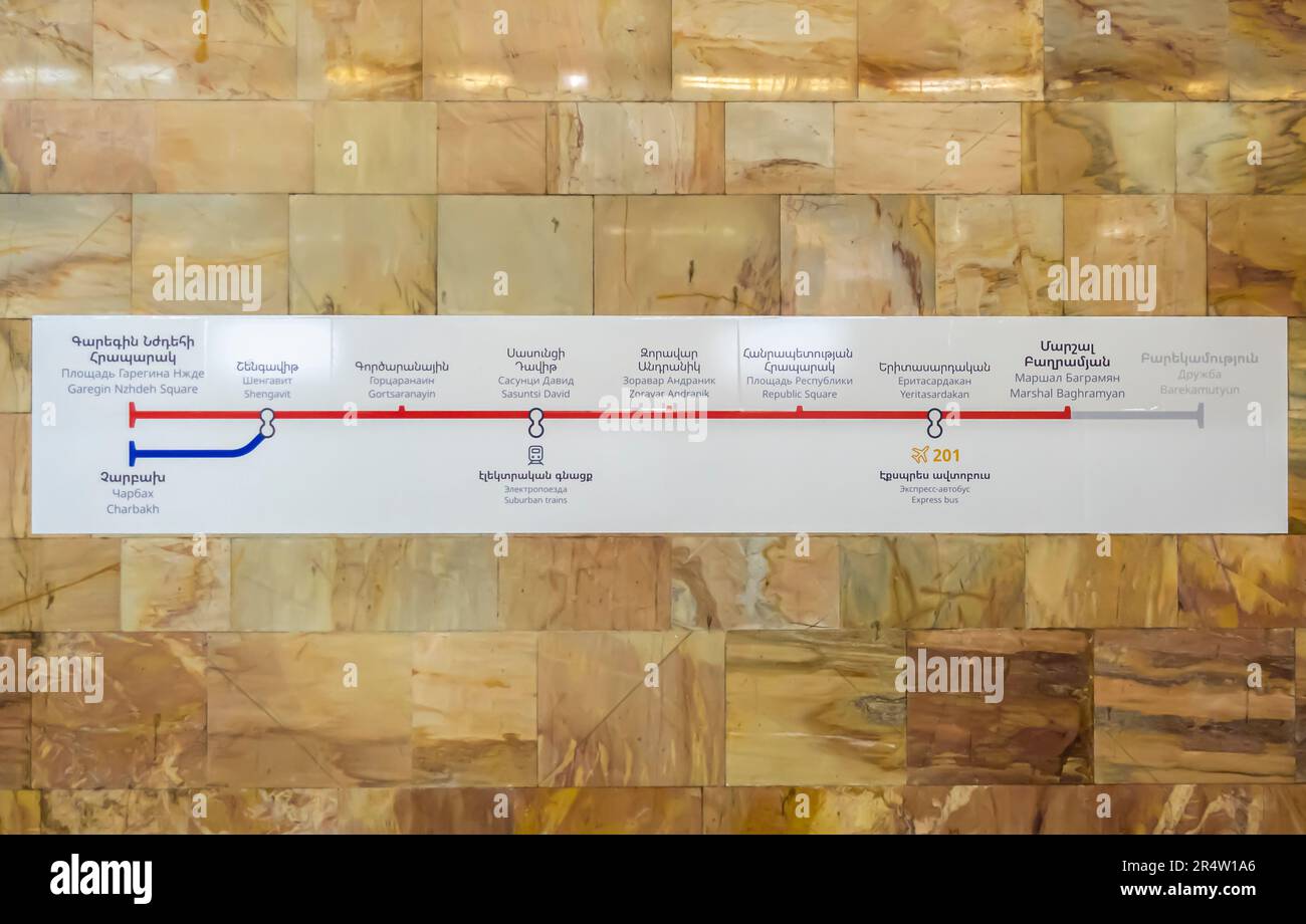Yerevan metro map on a wall inside the subway station. Armenian metro ...