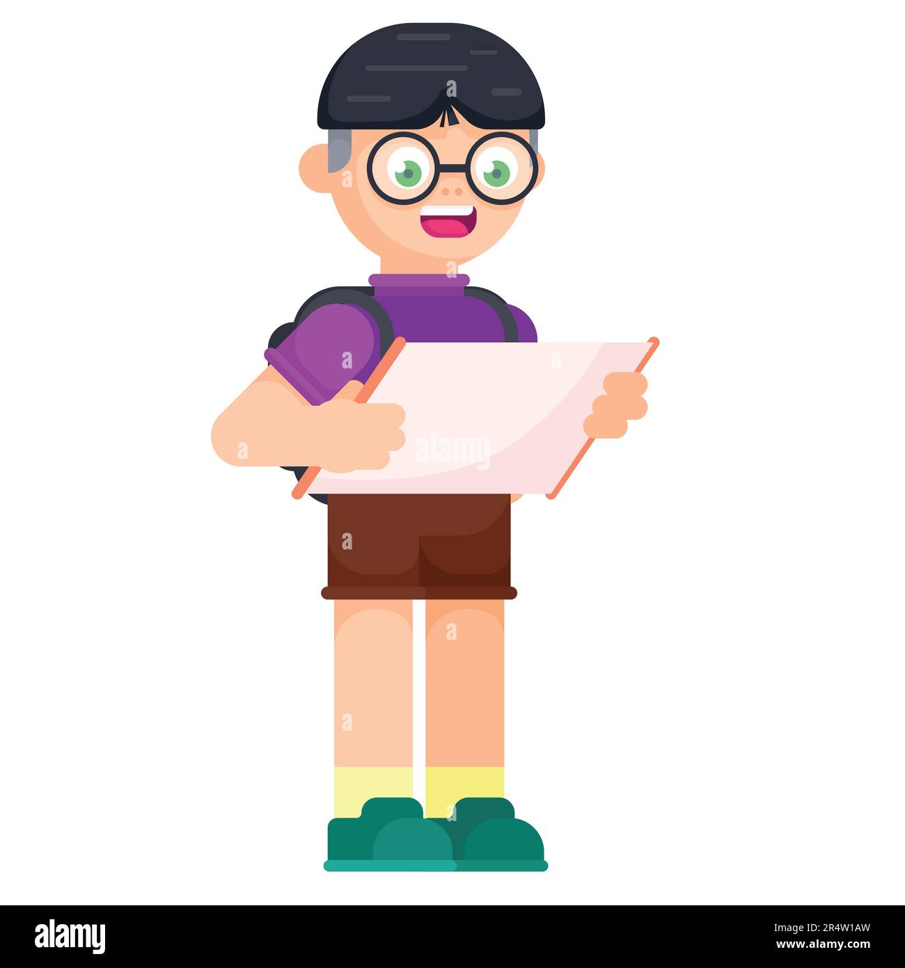 Boy with backpack looking at map. Little traveler boy. Flat design ...