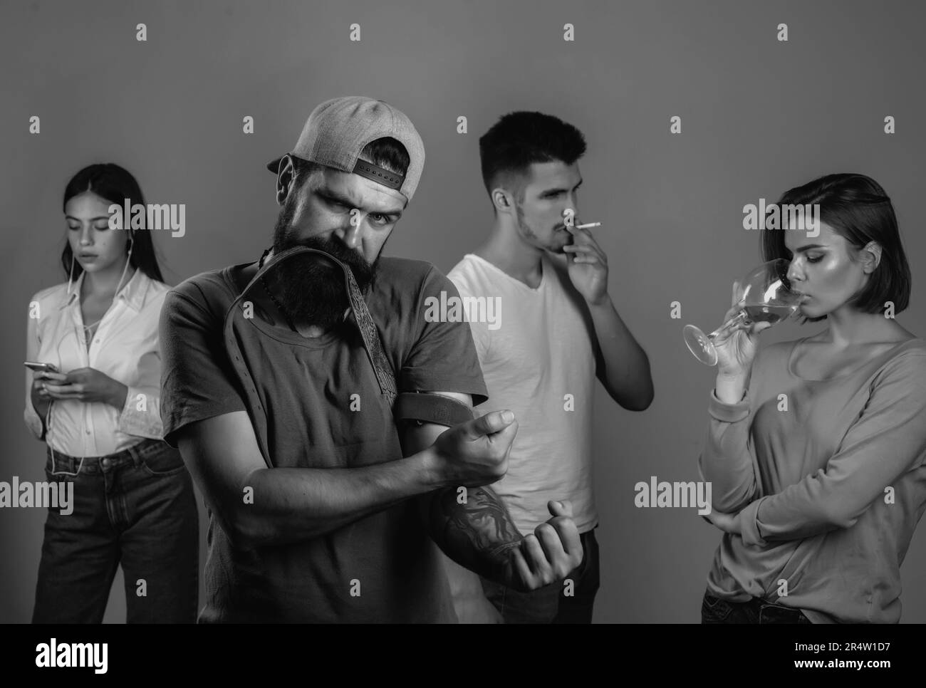 Hard drugs and alcohol addict. Addictive group including alcohol ...