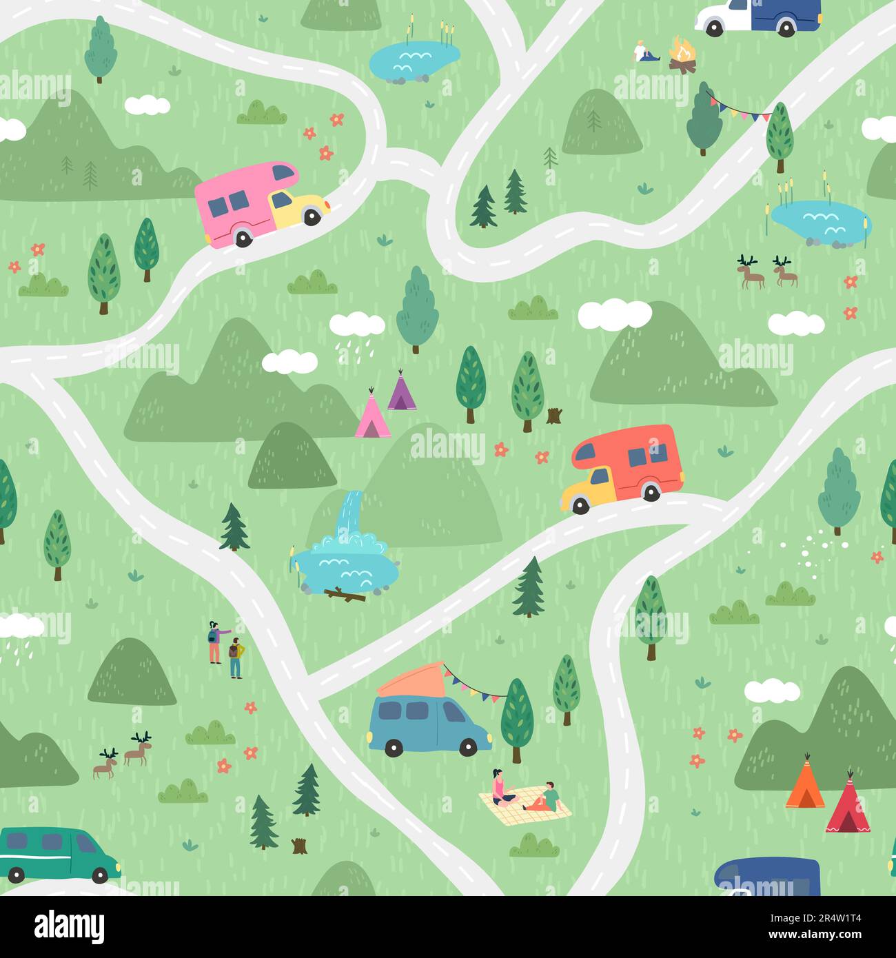 Road trip seamless pattern, doodle camper vans, vanlife, adventure ...