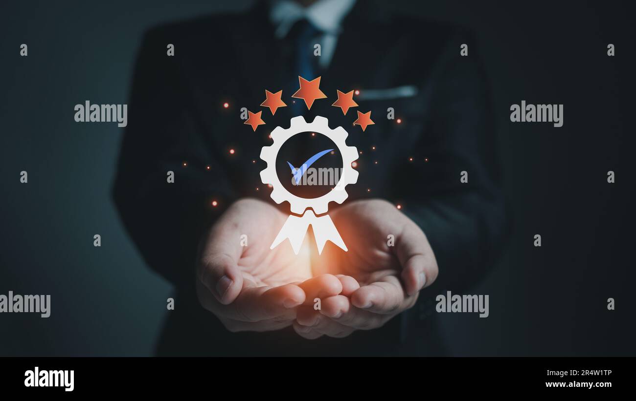 Businessman in suit holding a customer satisfaction survey sign ...