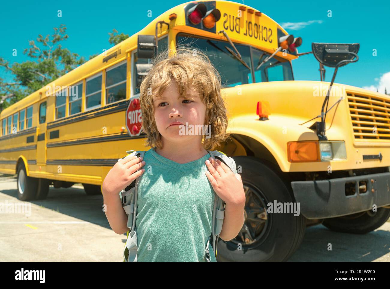 Sad kid school. Unhappy boy with school bag. First time to school. Back ...