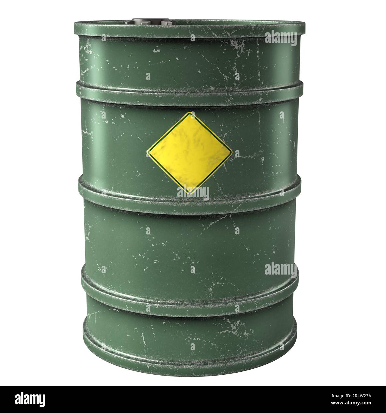 Isolated green Barrel with a blank warning sign. 3D Rendering Stock ...