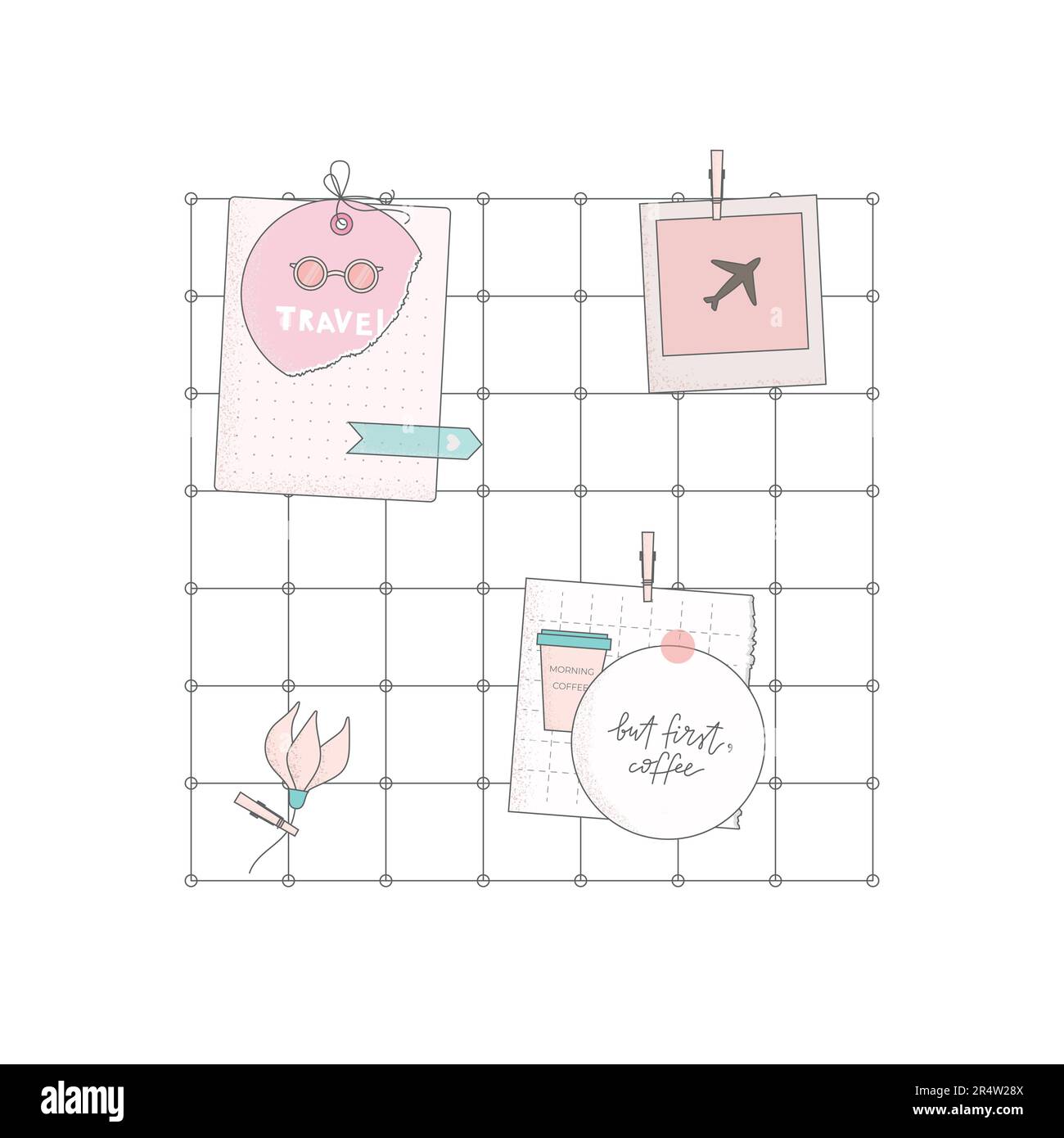 Vector illustration with cute paper notes, flower, clip. Wall mood ...