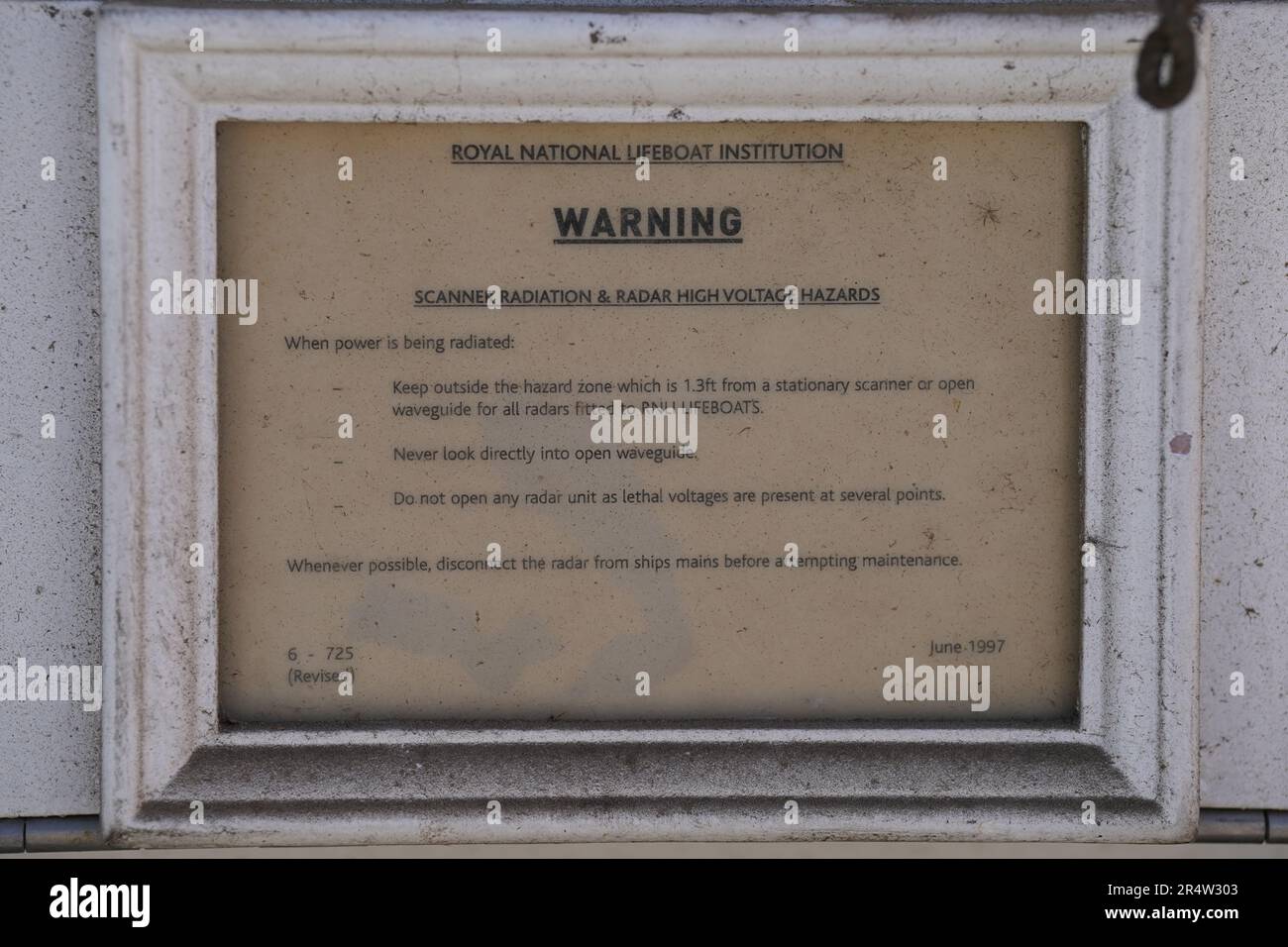 A sign onboard an RNLI lifeboat after it is lowered into his camping ...