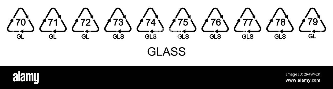 Glass reusable icons pack. Recycling codes in triangular shapes with ...