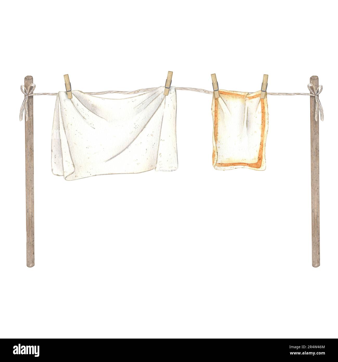 A white clothesline with clean laundry hanging on wooden supports ...
