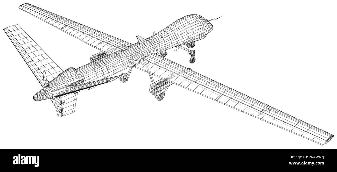 Aircraft unmanned military drone. Technical illustration wire-frame ...