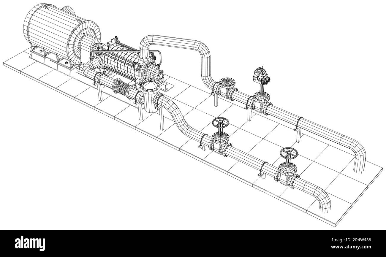 Wire-frame line pumping unit isolated on white. Vector rendering of 3d ...