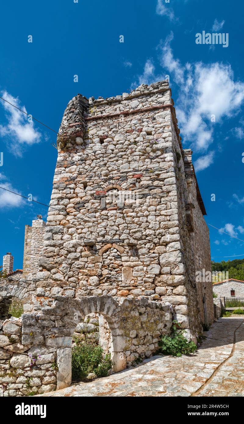 Tower house in village of Lagia, Laconian Mani, Mani region ...