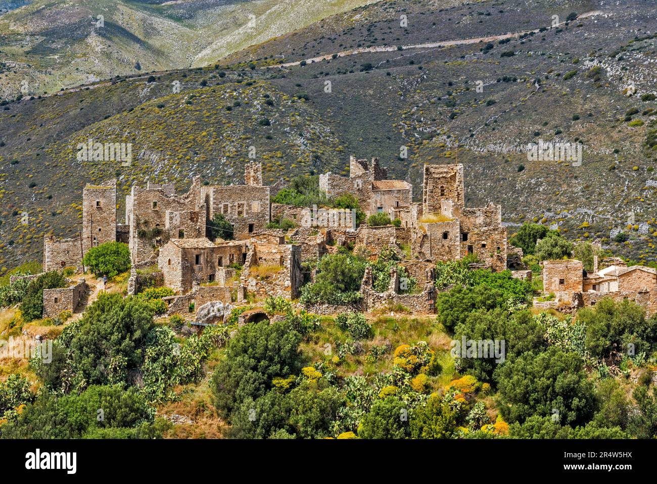 Abandoned tower houses in village of Vatheia, Mesa Mani, Mani Peninsula ...