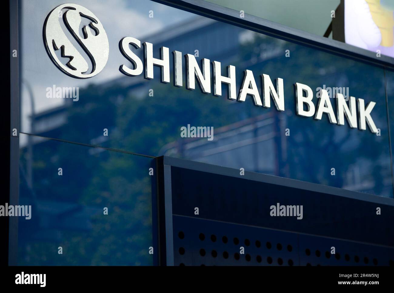 Ho Chi Minh City, Vietnam - May 22, 2023: White Shinhan bank logo and ...