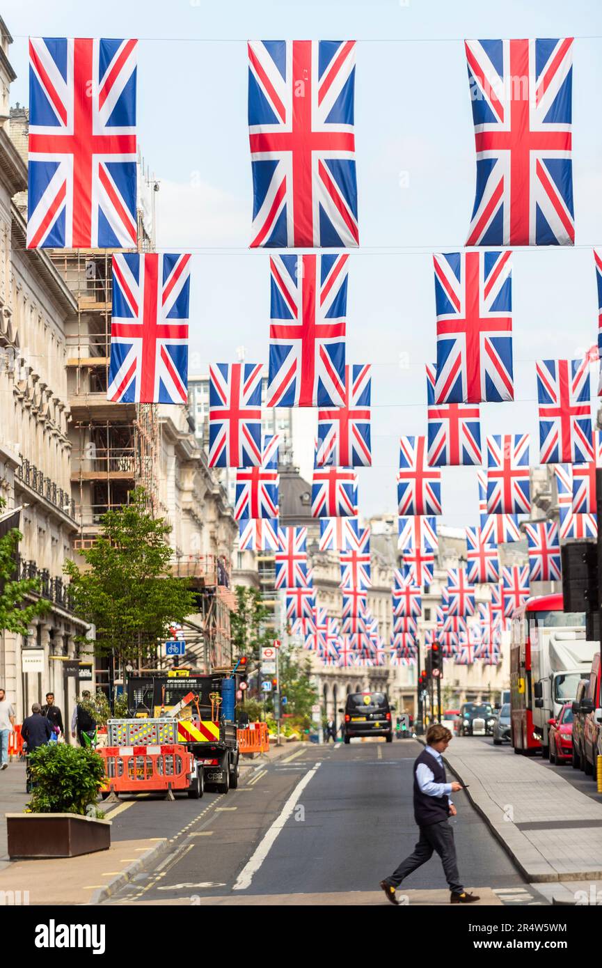 London, UK. 30 May 2023. View of Union flags on Regent Street, a ...