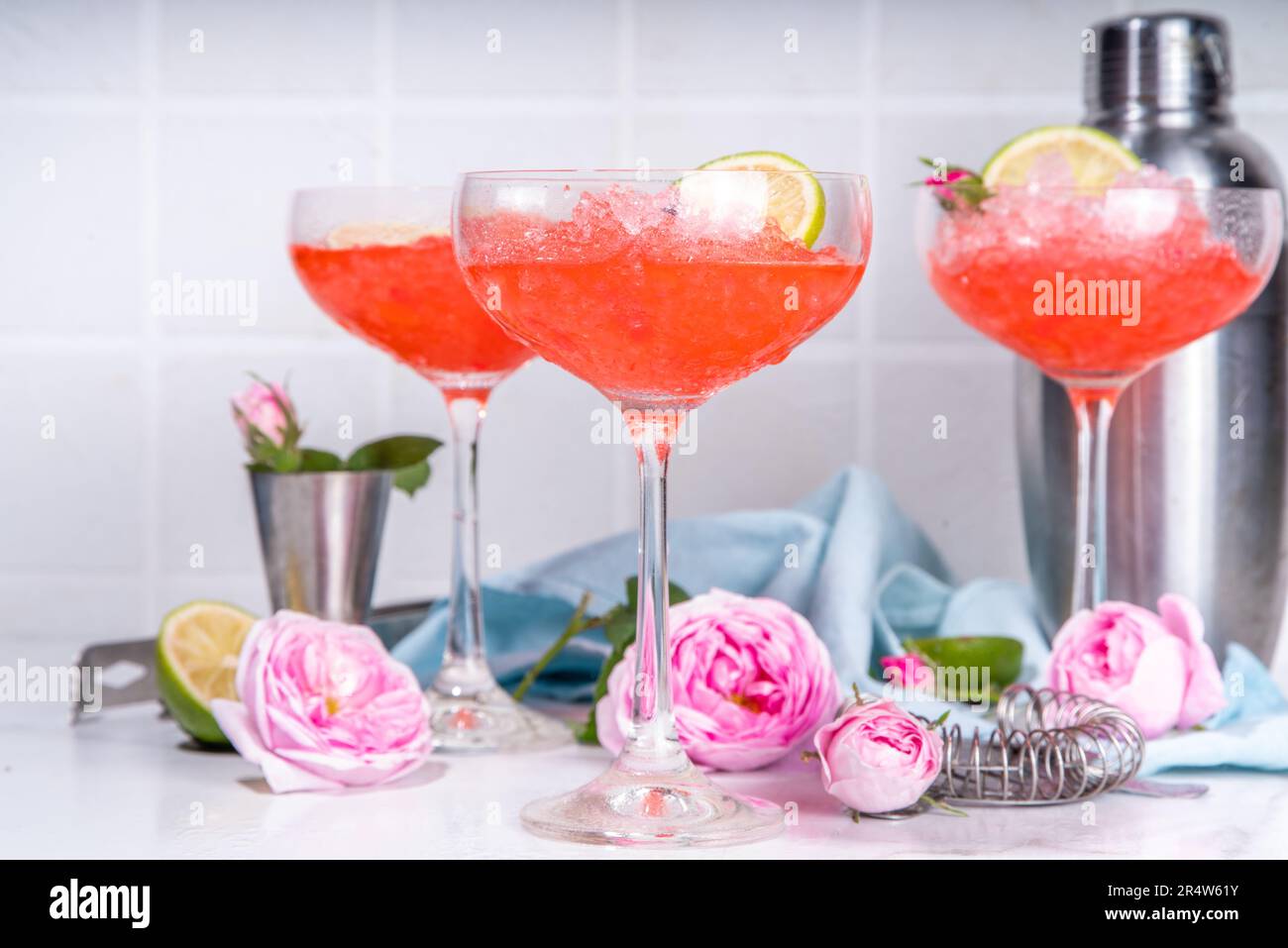 Frozen rose daiquiri or margarita cocktail, champagne, pink rose wine ...
