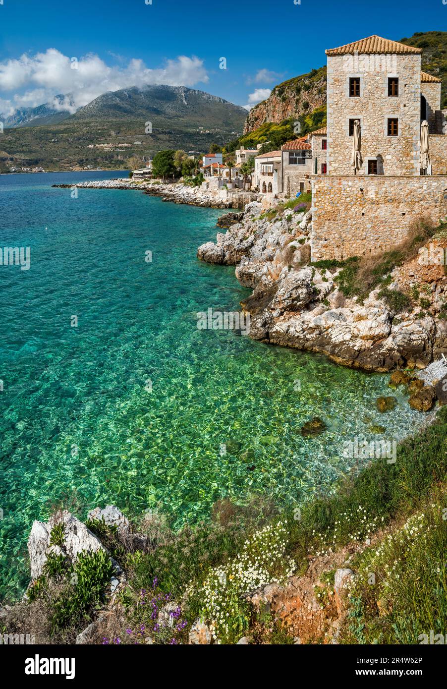 Mavromichalai Historic Hotel in tower house at village of Limeni, over ...