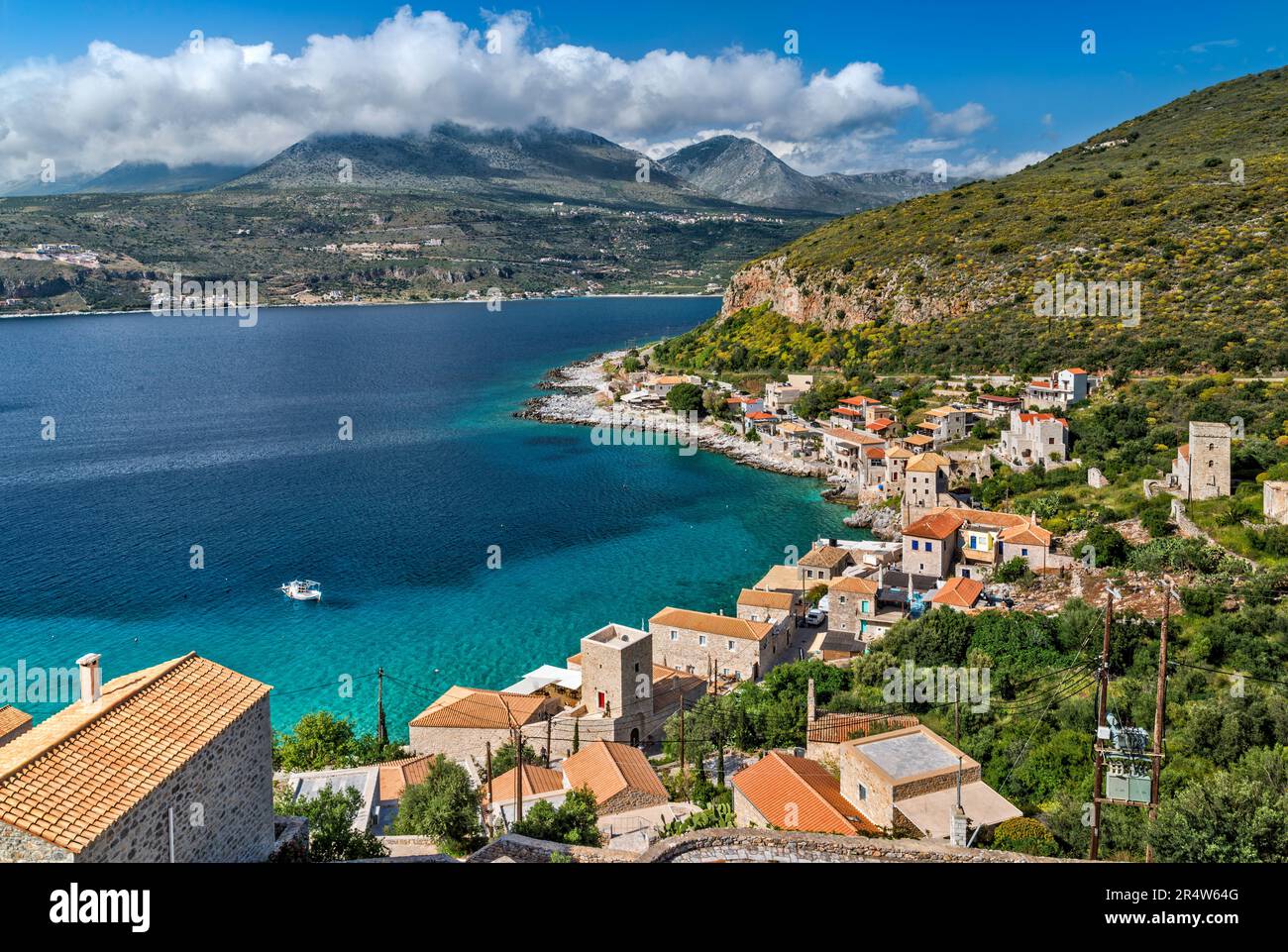 Village of Limeni, over Limeni Bay, Taygetos Mountains, Mesa Mani, Mani ...