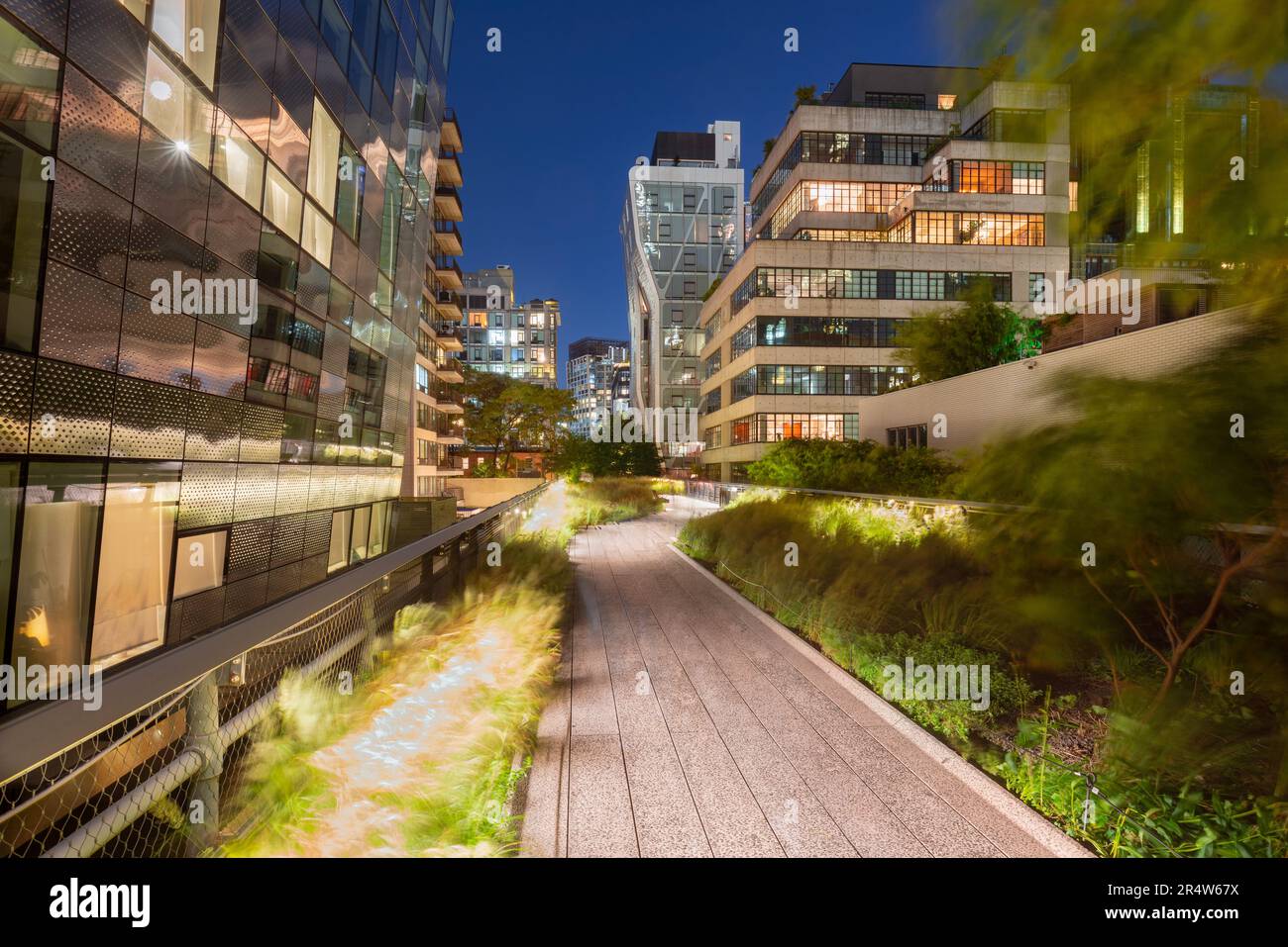 The High Line Park at twilight. Elevated promenade in the heart of ...