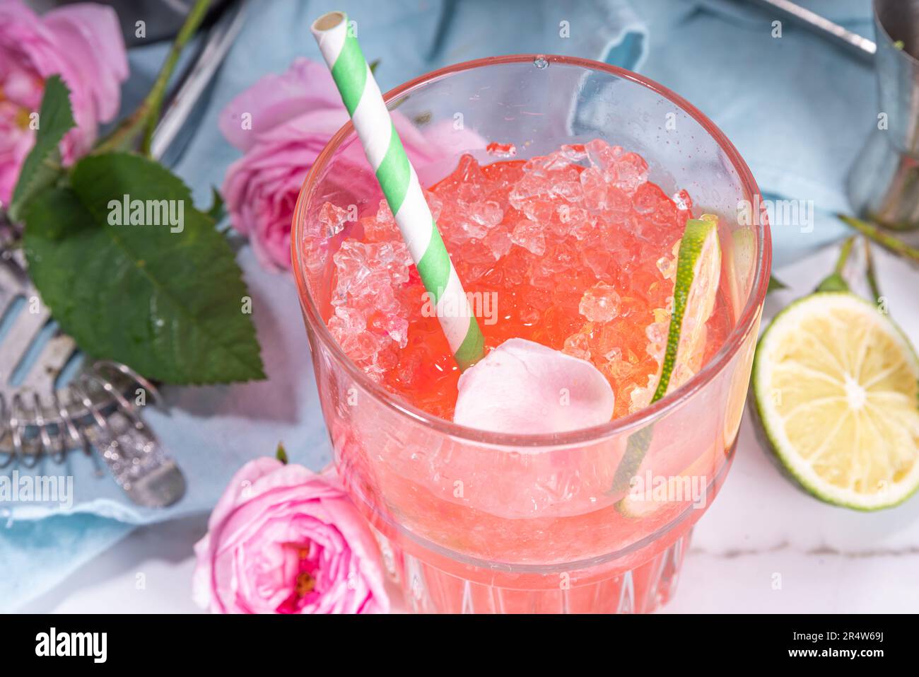 Rose flower lemonade, refreshing summer drink with crushed ice, rose ...