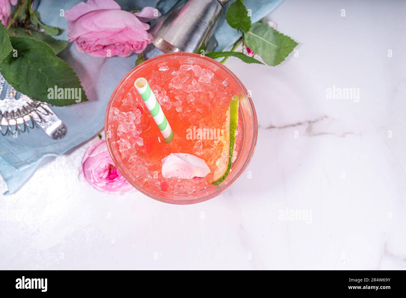 Rose flower lemonade, refreshing summer drink with crushed ice, rose ...