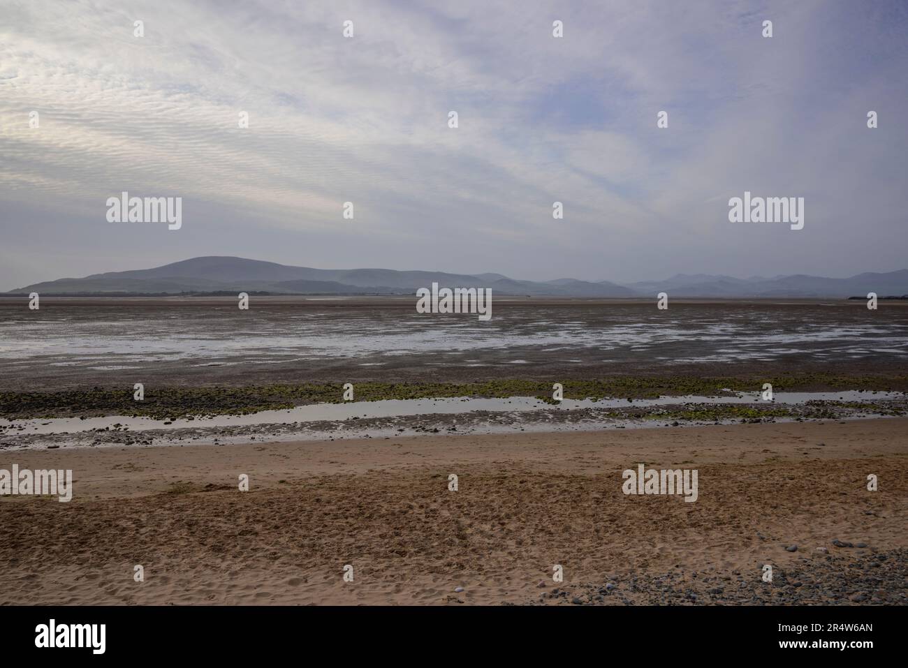 Coastal landscape across Duddon Estuary with hills and mountains in the ...