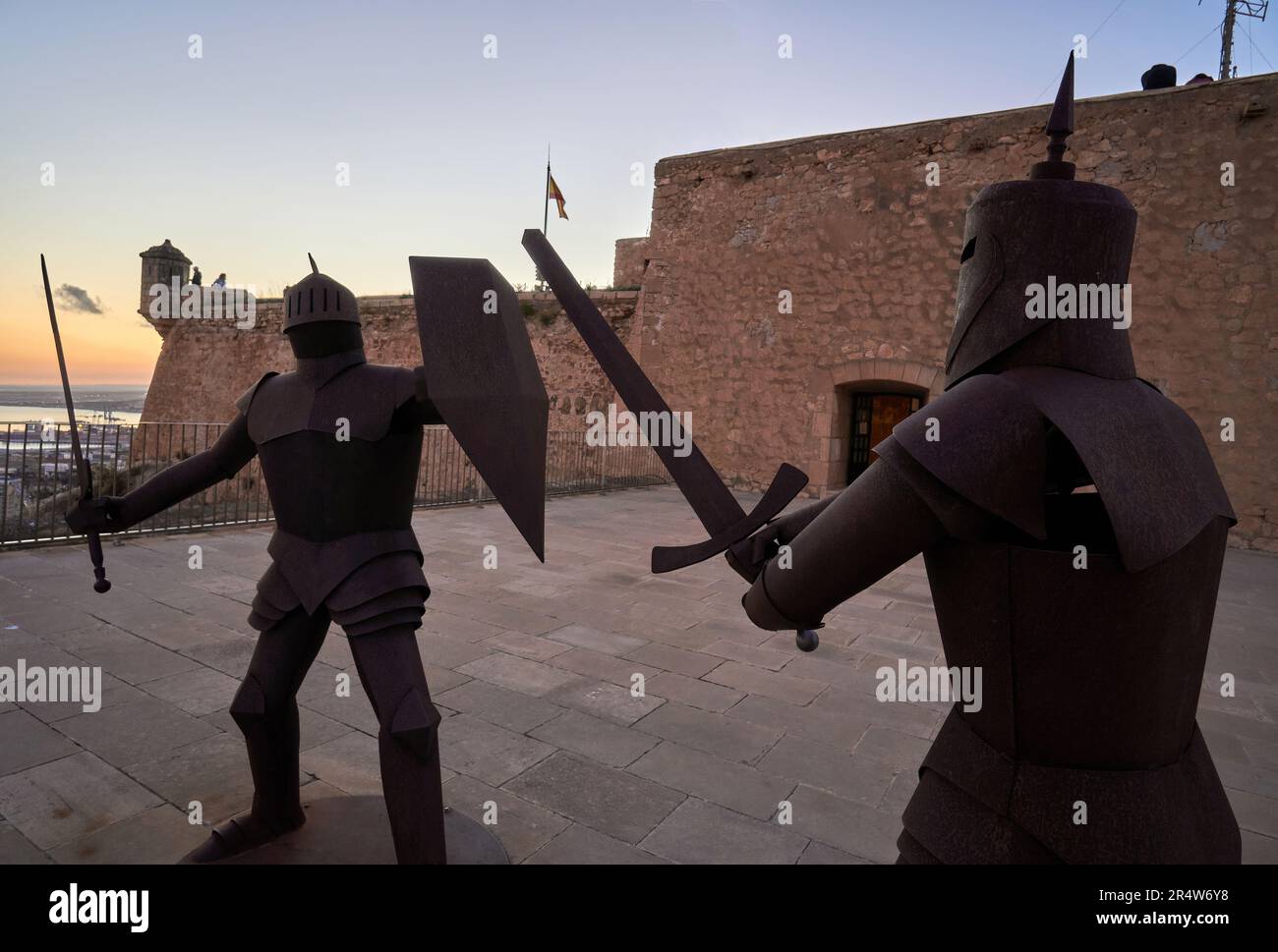 Alicante castle Santa Barbara in Spain. Close-up of two soldiers ...
