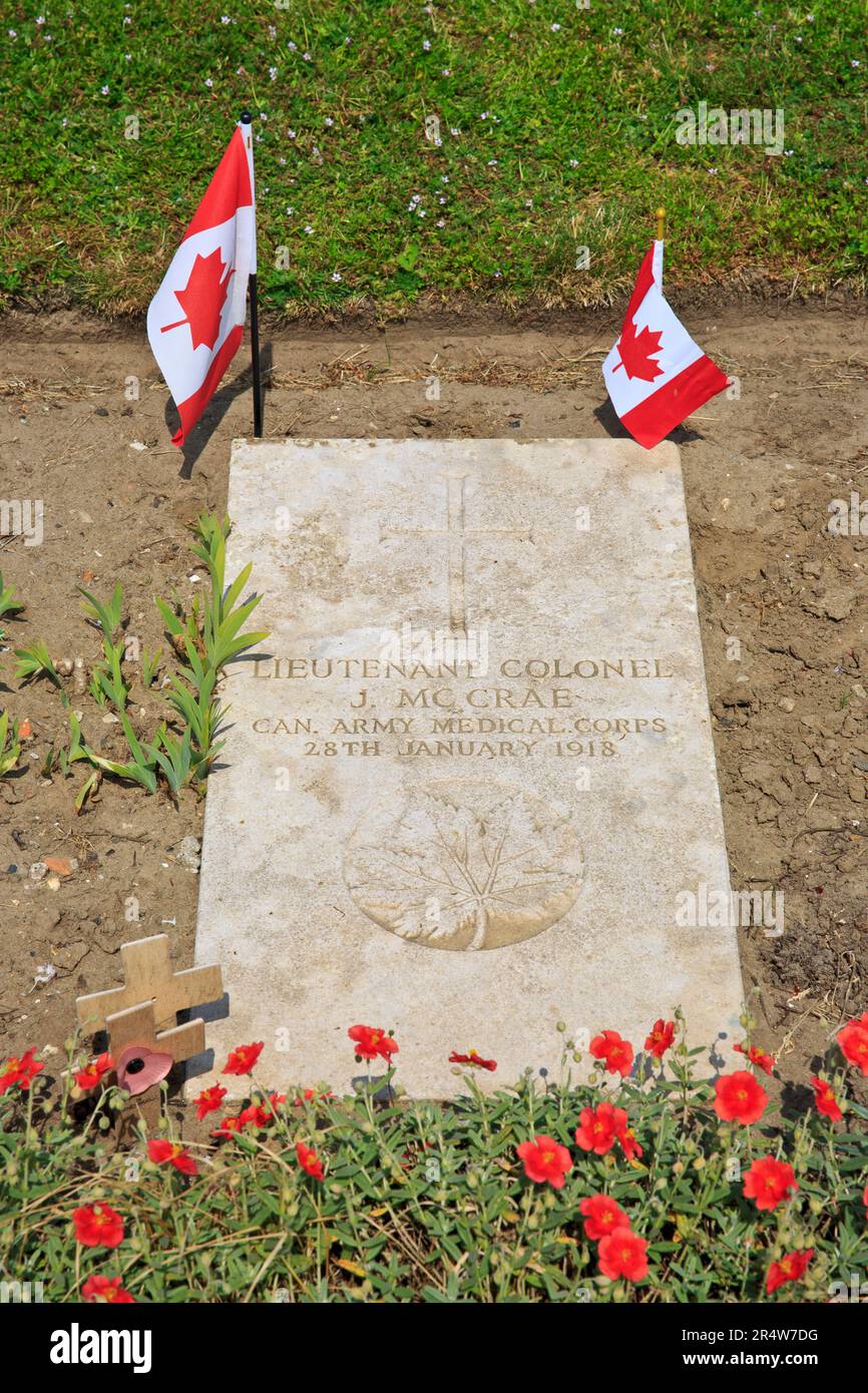 Grave of Canadian Lieutenant-Colonel John McCrae (1872-1918), author of the famous war poem "In ...