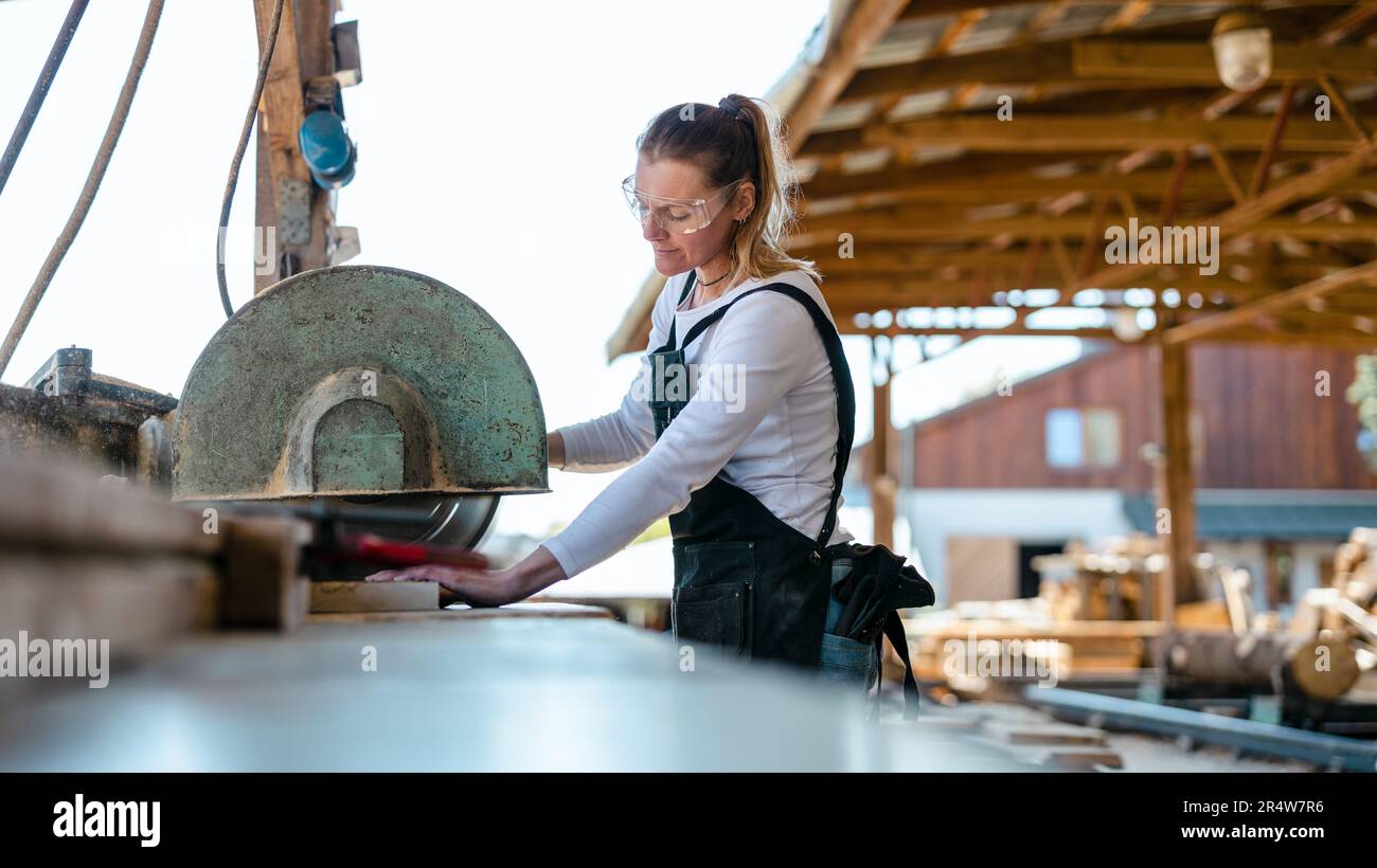 Carpenter cutting plank by circular saw in a sawmill Stock Photo - Alamy
