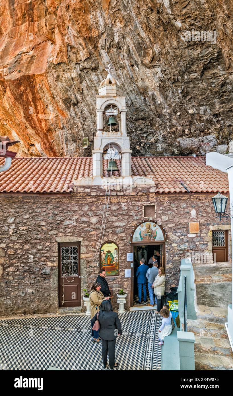 Churchgoers during mass, church at Elonas Monastery, female monastery ...