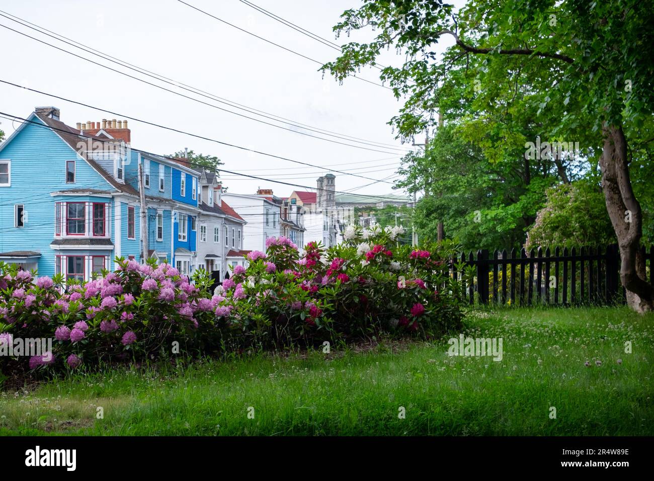Street view of multiple colorful wooden residential buildings of ...