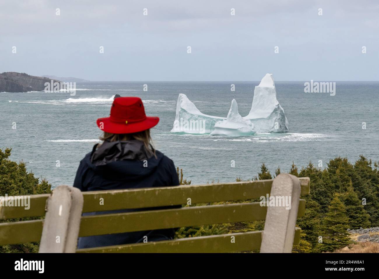 A female sits on a bench wearing a vibrant red hat and black jacket ...