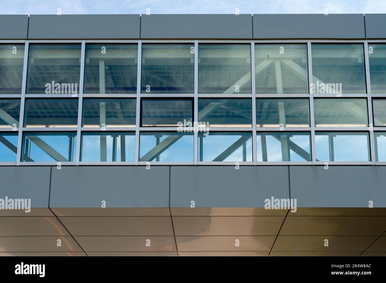 The exterior skyway of a contemporary commercial style building with ...