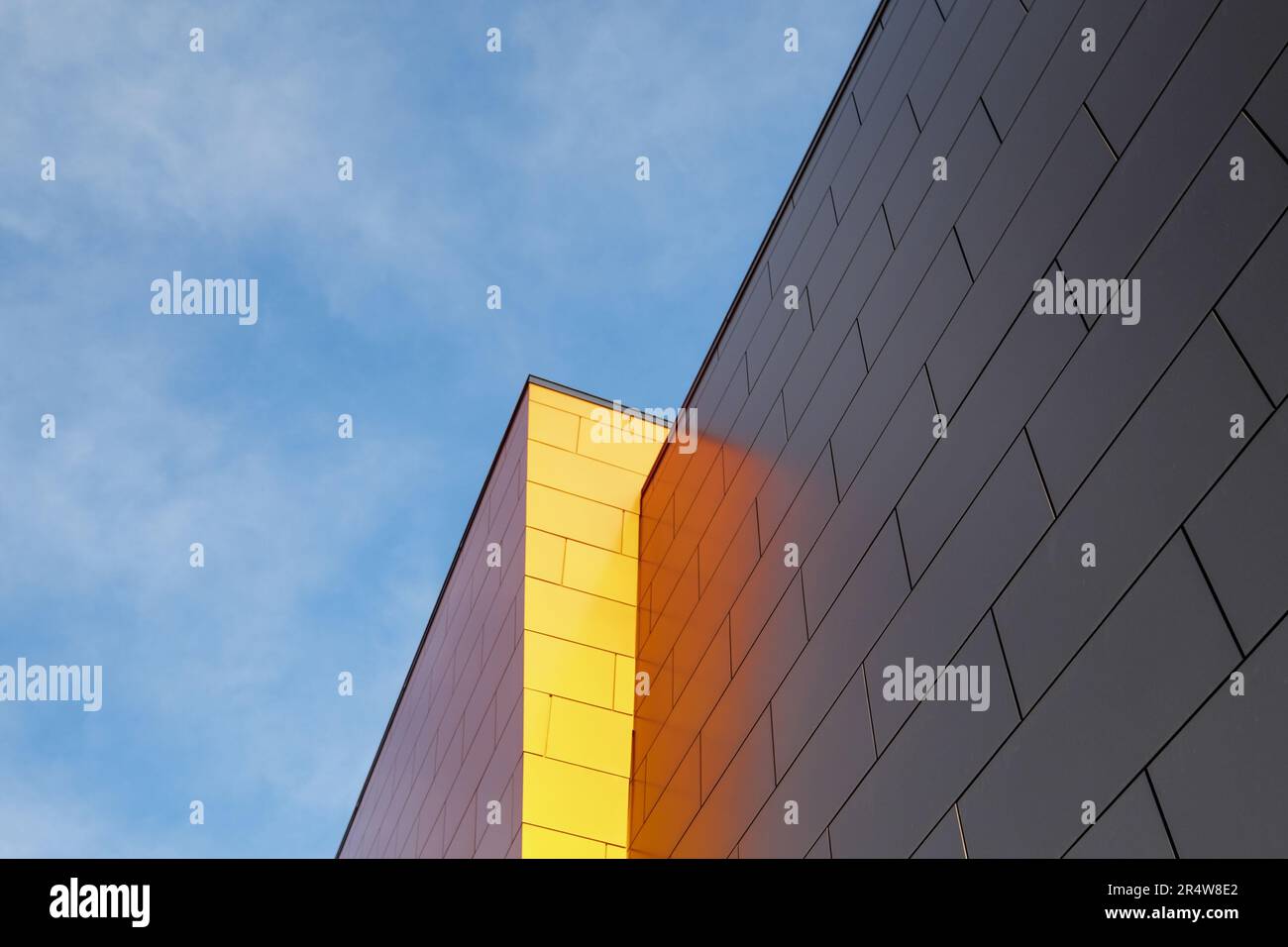 The exterior surface of an aluminum metal composite panel wall of a ...