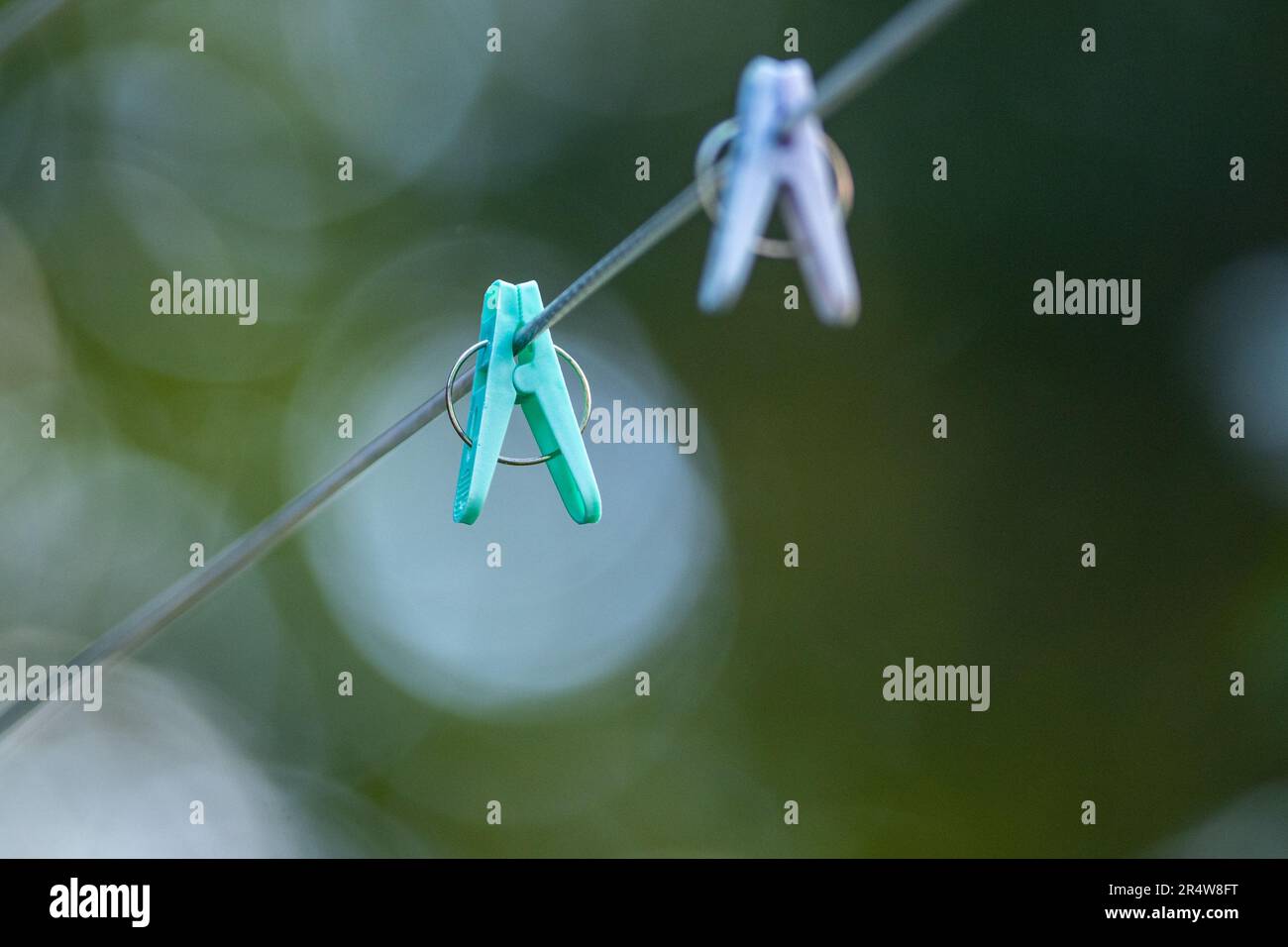 A purple and green plastic clothes peg hanging on a clothesline with a ...