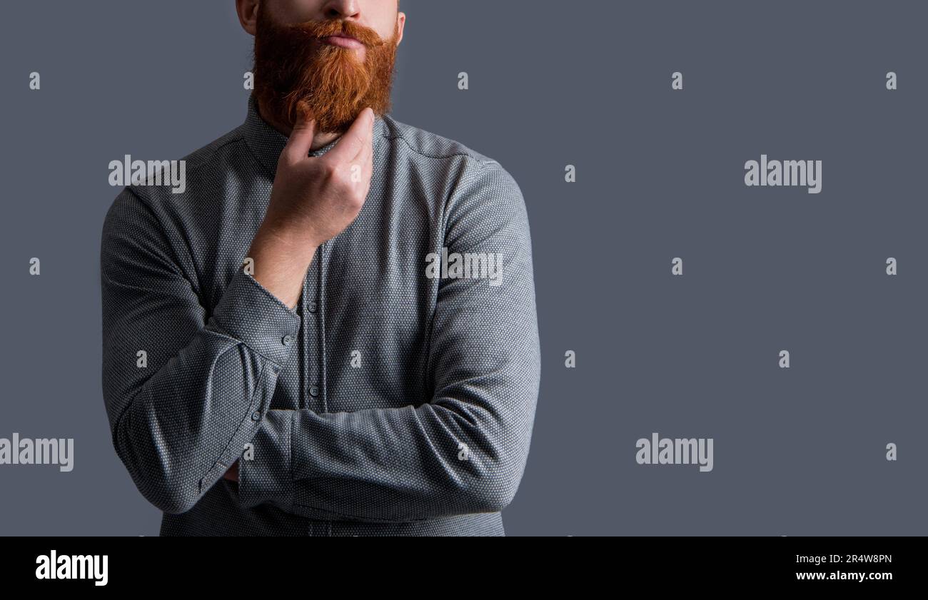 moustache and beard care. cropped view of unshaven man has beard and ...