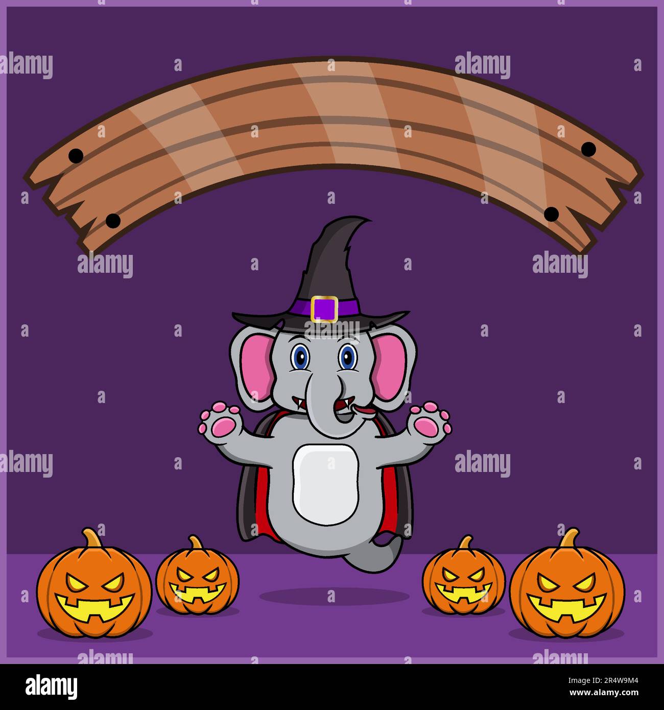 Cute Elephant Animal wearing Vampire Halloween Custome, With Blank Space Banner, Pumpkins and ...