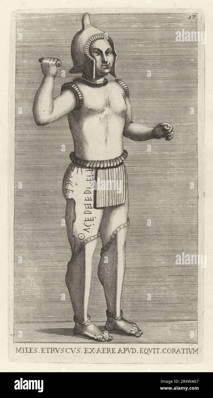 Etruscan warrior (archer) in helmet, breastplate with skirt, ocreae or ...