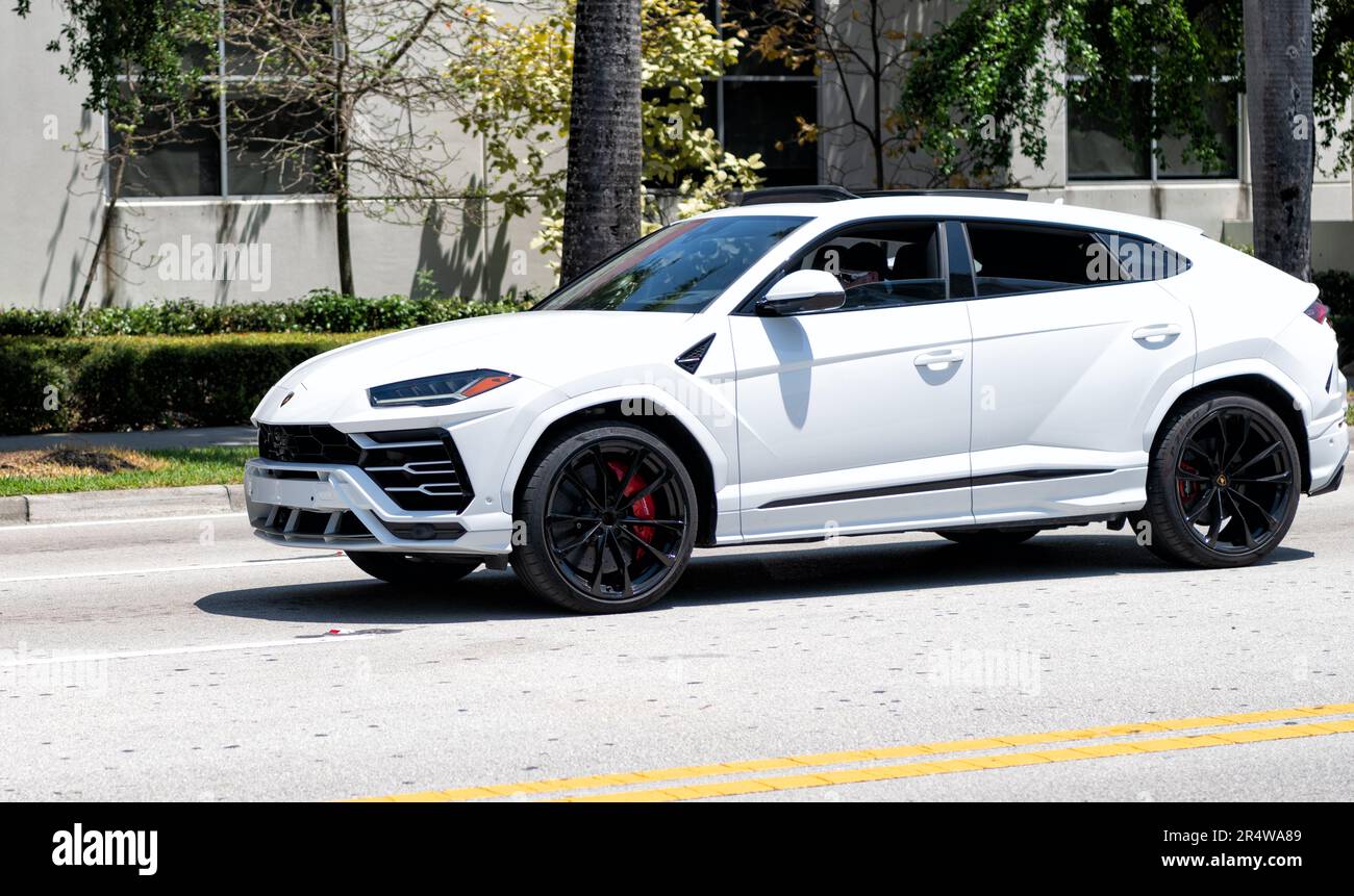 Miami Beach, Florida USA - April 15, 2021: 2019 Giallo Auge Lamborghini ...