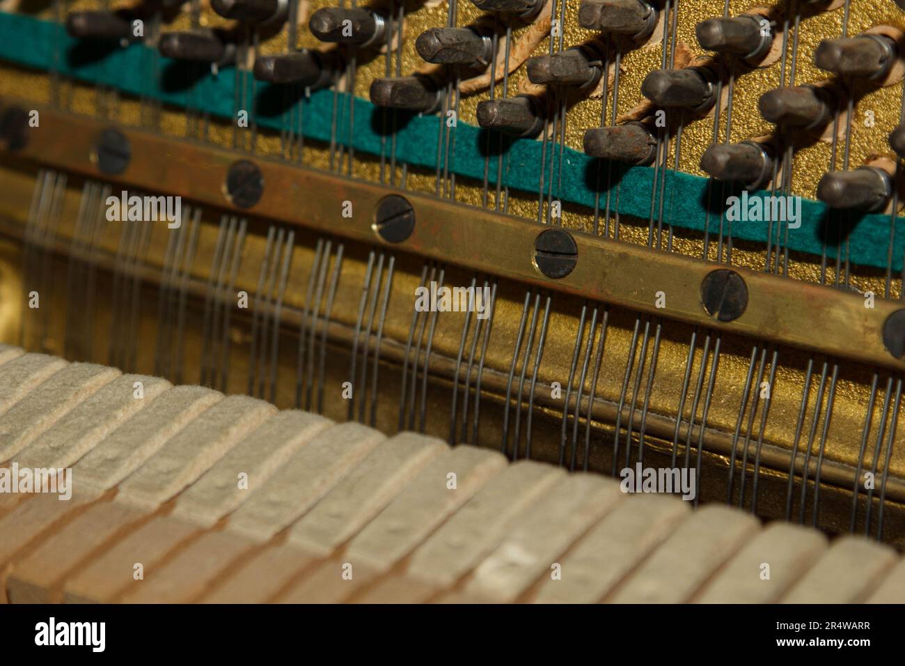Repair of a stringed musical instrument. The interior of a piano with ...