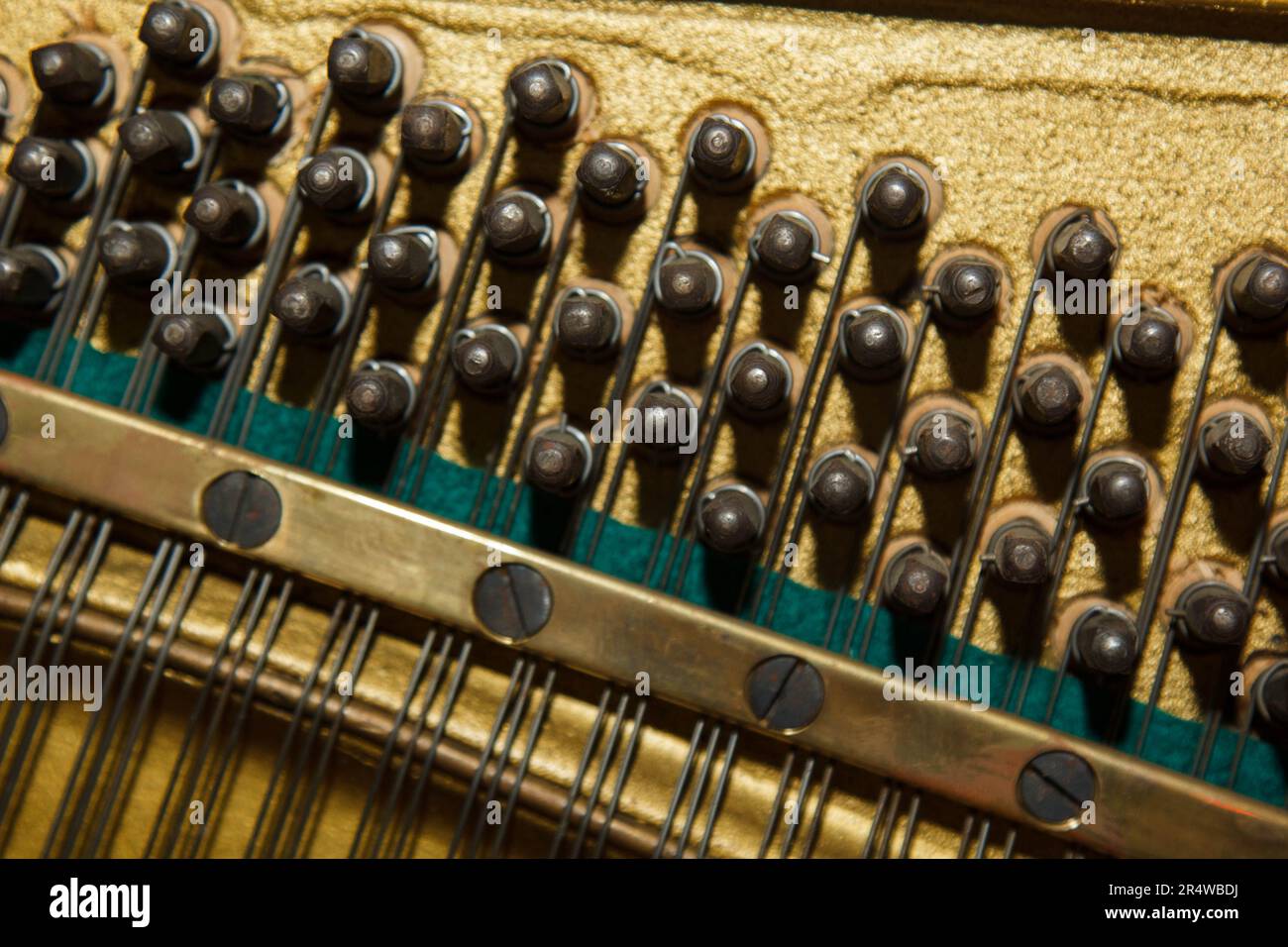 Repair of a stringed musical instrument. Inside view of a piano with ...