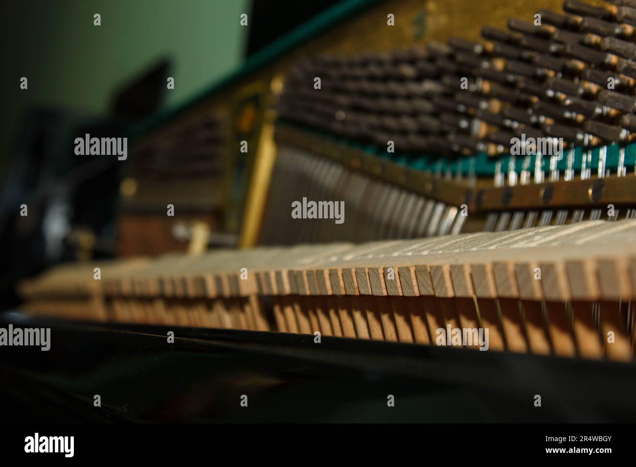 Repair of a stringed musical instrument. Inside view of a piano with ...