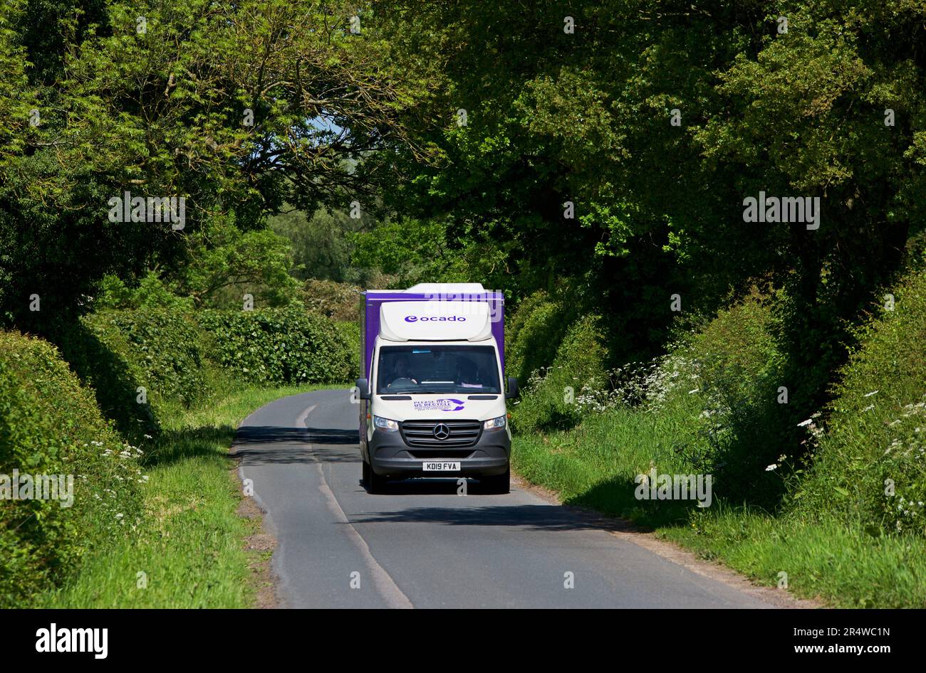 Ocado delivery van on single track Breighton Road, East Yorkshire ...