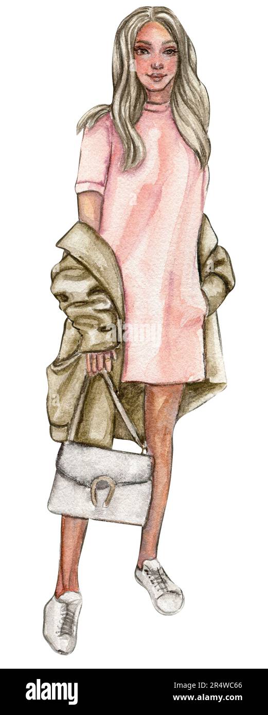 Watercolor hand drawn fashion street style girl. Fashionable women ...