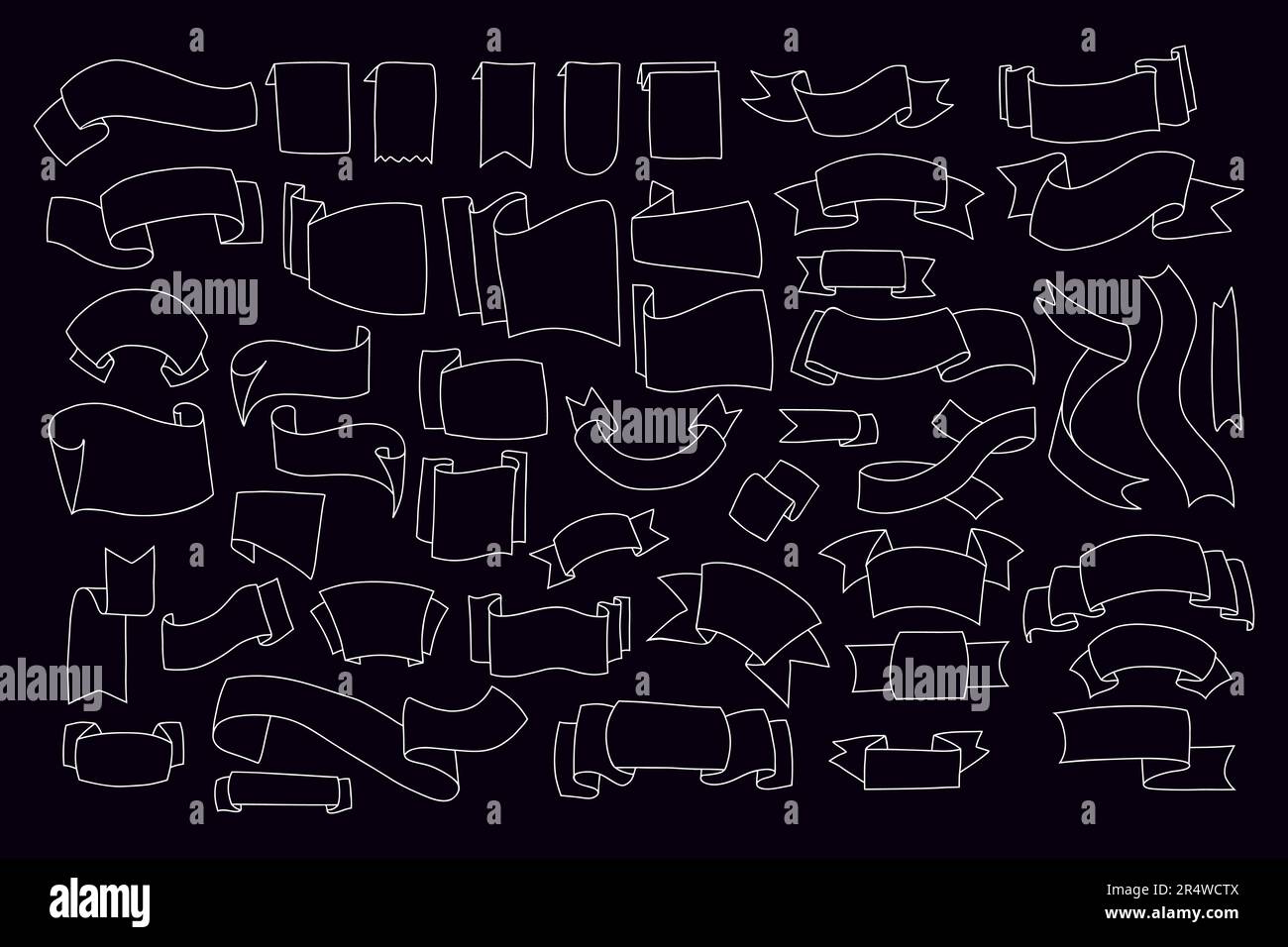 Collection of white outline ribbon banners. Isolated vector hand drawn ...